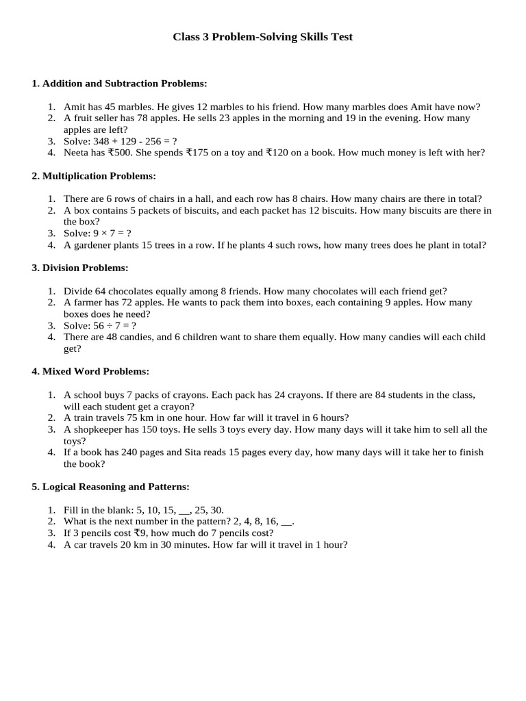 Class 3 Math Problem-Solving Test | PDF