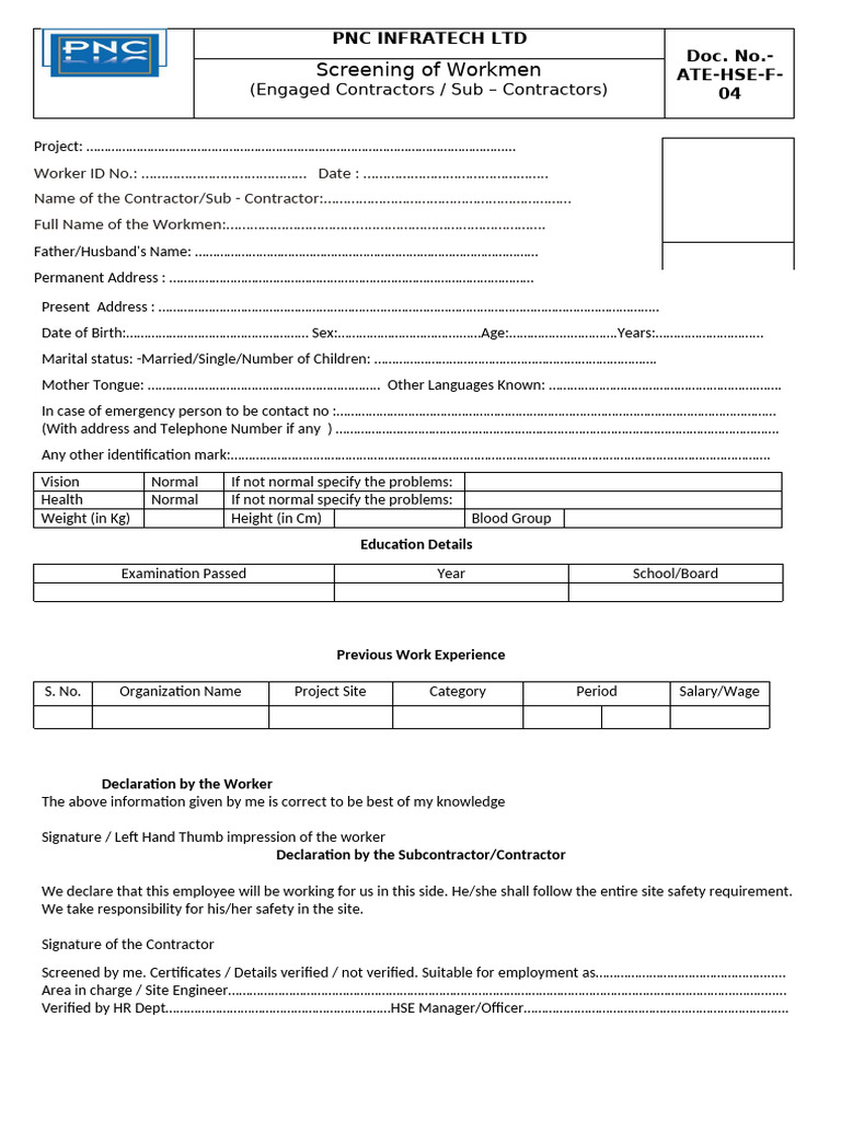 Doc. No.-ATE-HSE-F-04-Screening Workmen Engaged by ContractorsSub ...