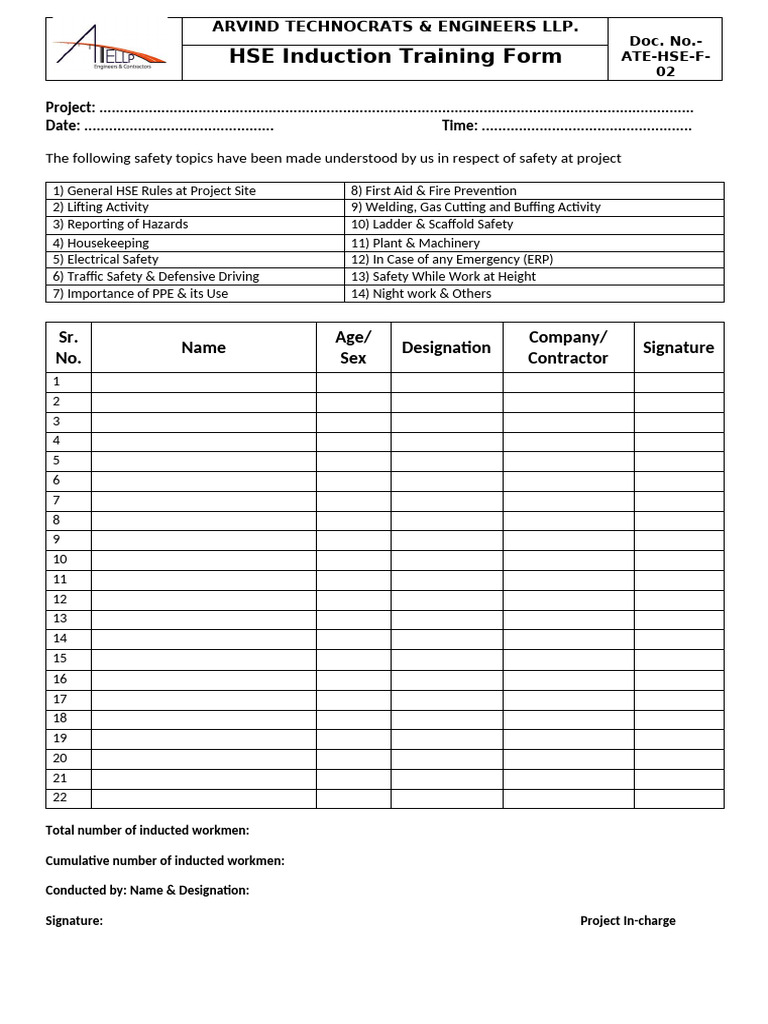 Doc. No.-ATE-HSE-F-02-HSE Induction Training | PDF