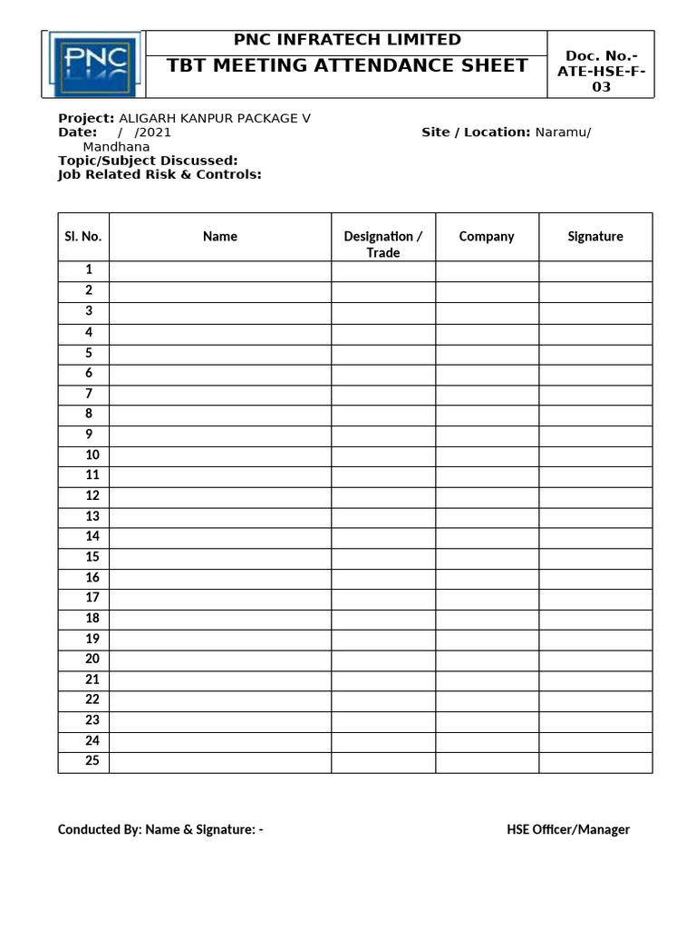 Doc. No.-ATE-HSE-F-03-TBT Attendance Sheet | PDF