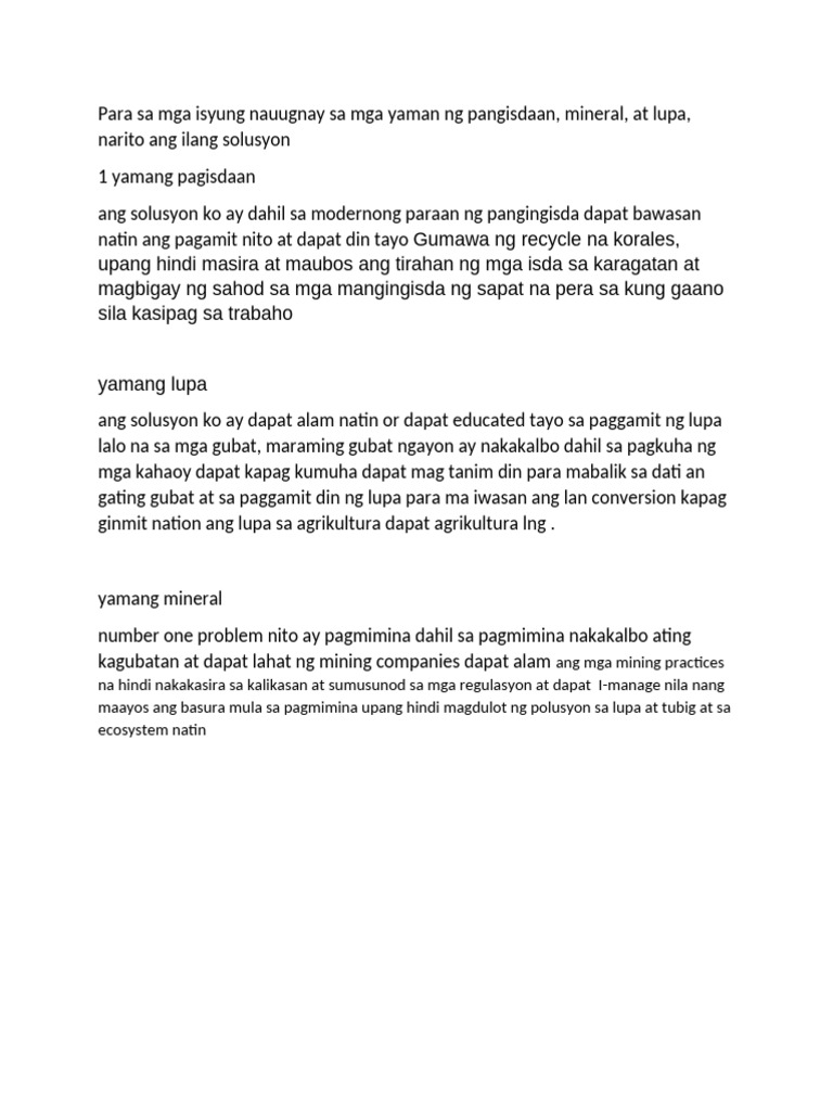 Ap 10 Solution For Yaman Lupa Isda and Mineral | PDF