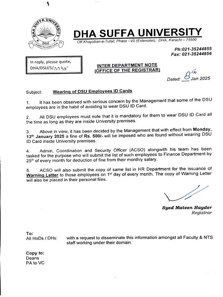 Wearing of DSU Employees ID Cards | PDF