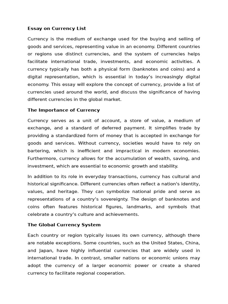 Essay On Currency List | PDF | Euro | Currency