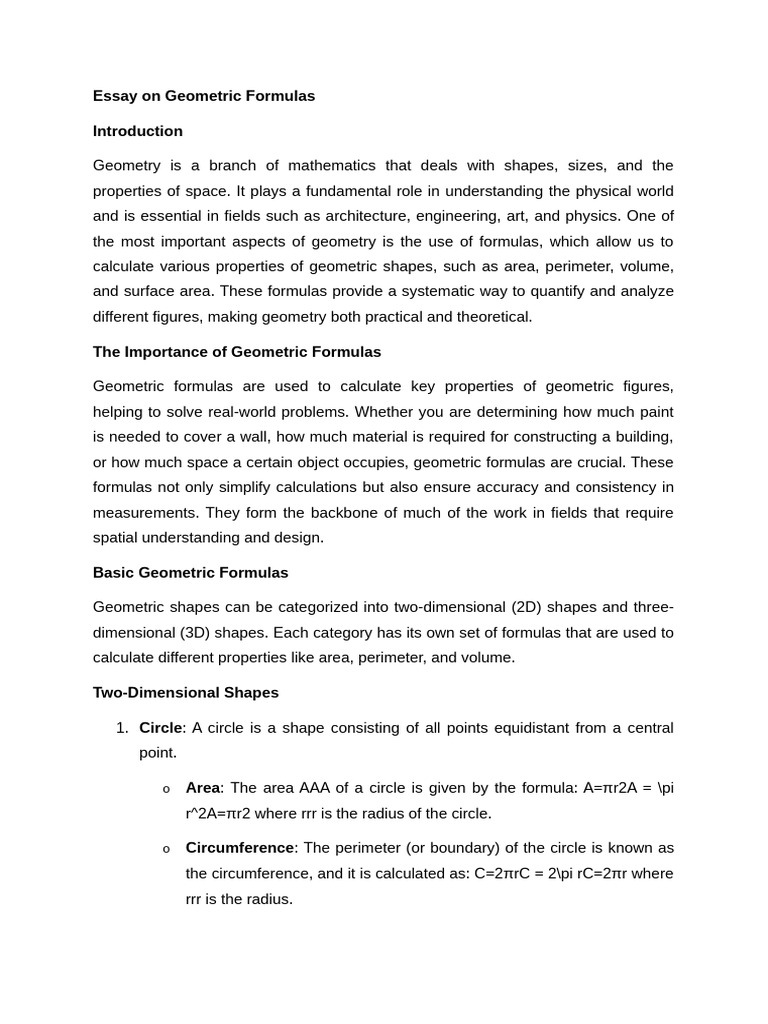 Essay on Geometric Formulas | PDF | Area | Geometry