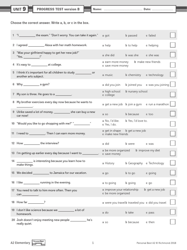 A2 English Progress Test Questions | PDF