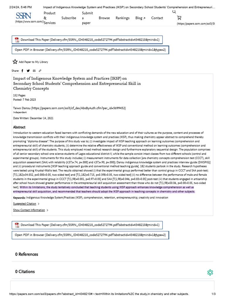 Impact of Indigenous Knowledge System and Practices (IKSP) On Secondary ...