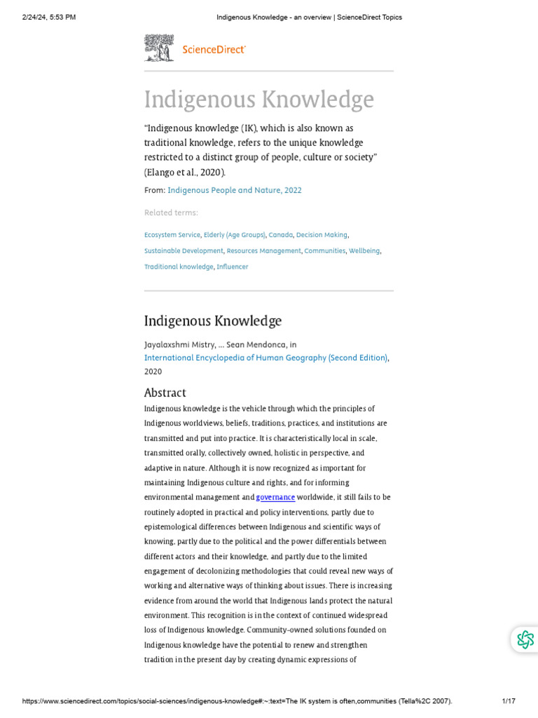 Indigenous Knowledge - An Overview - ScienceDirect Topics | PDF | Learning | Knowledge