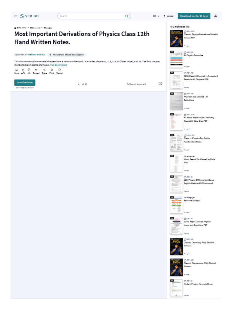 WWW Scribd Com Document 487720571 Most Important Derivations of Physics Class 12th Hand Written ...