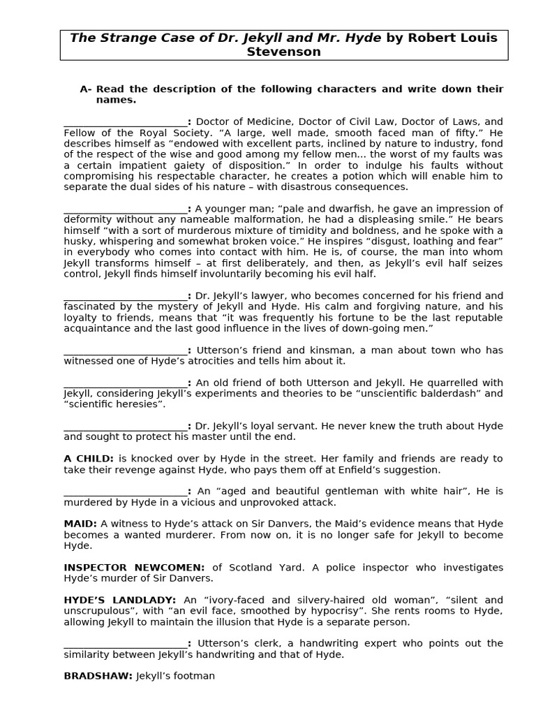 Jekyll & Hyde Worksheet | PDF | Strange Case Of Dr Jekyll And Mr Hyde ...