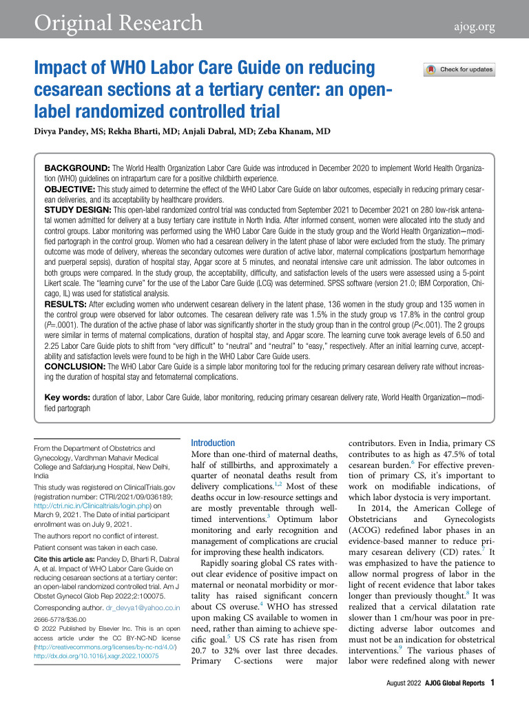 Article - Impact of WHO Labor Care Guide On Reducing Caesarea Section ...