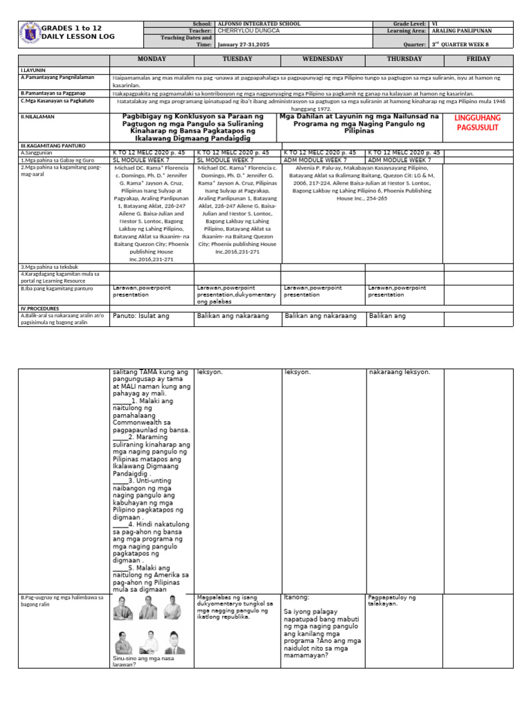 DLL - Araling Panlipunan 6 - Q3 - W8 | PDF