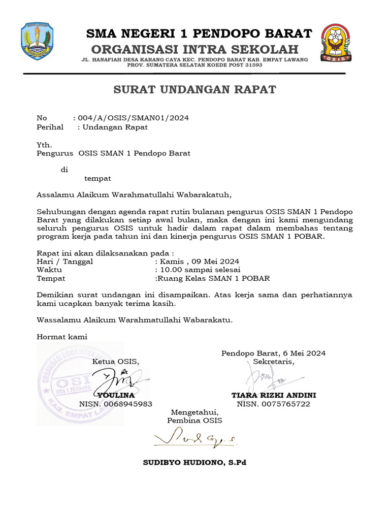 Surat Undangan Rapat Osis 1 1 | PDF