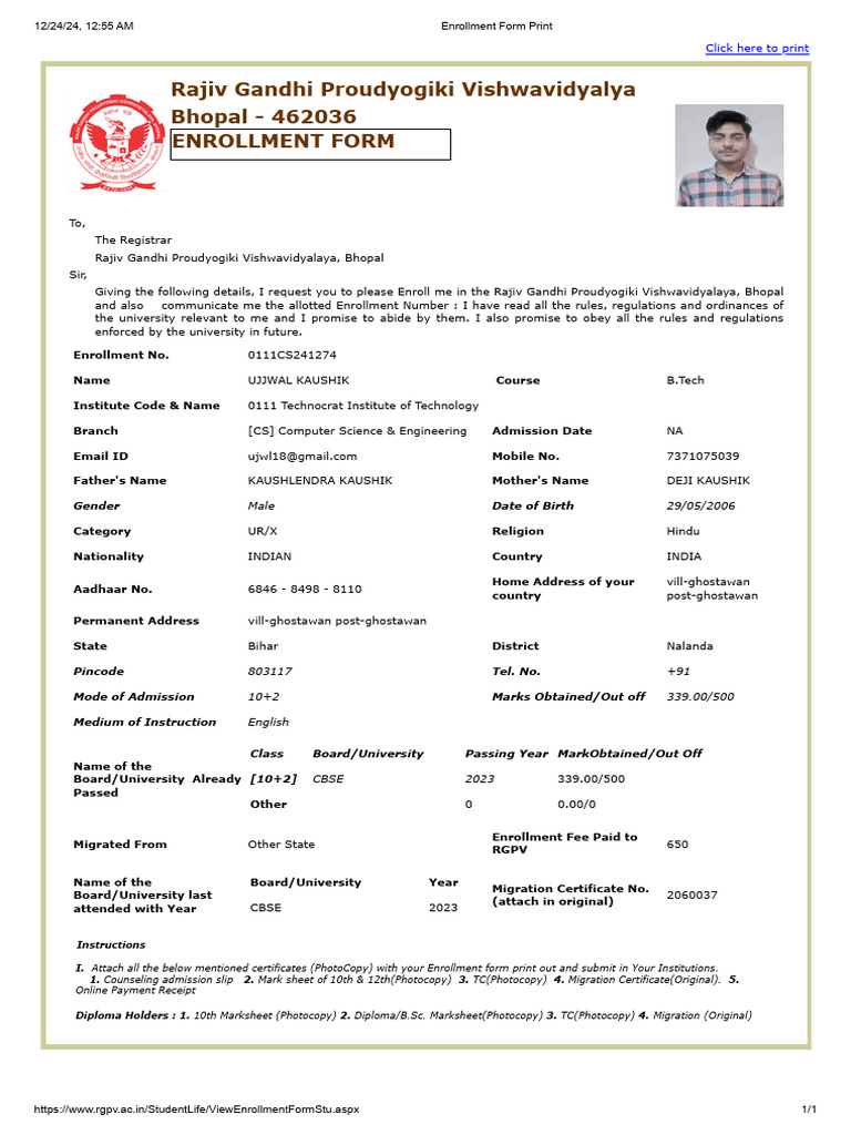 Ujjwal Enrollment Form Print | PDF