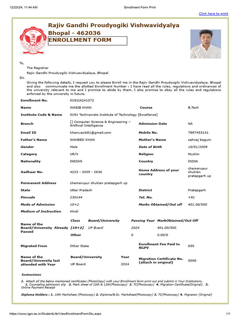 wasib Enrollment Form Print | PDF