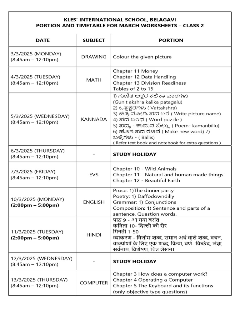 Class 2 - March Worksheet (Portion and Timetable) | PDF | Computing | Software