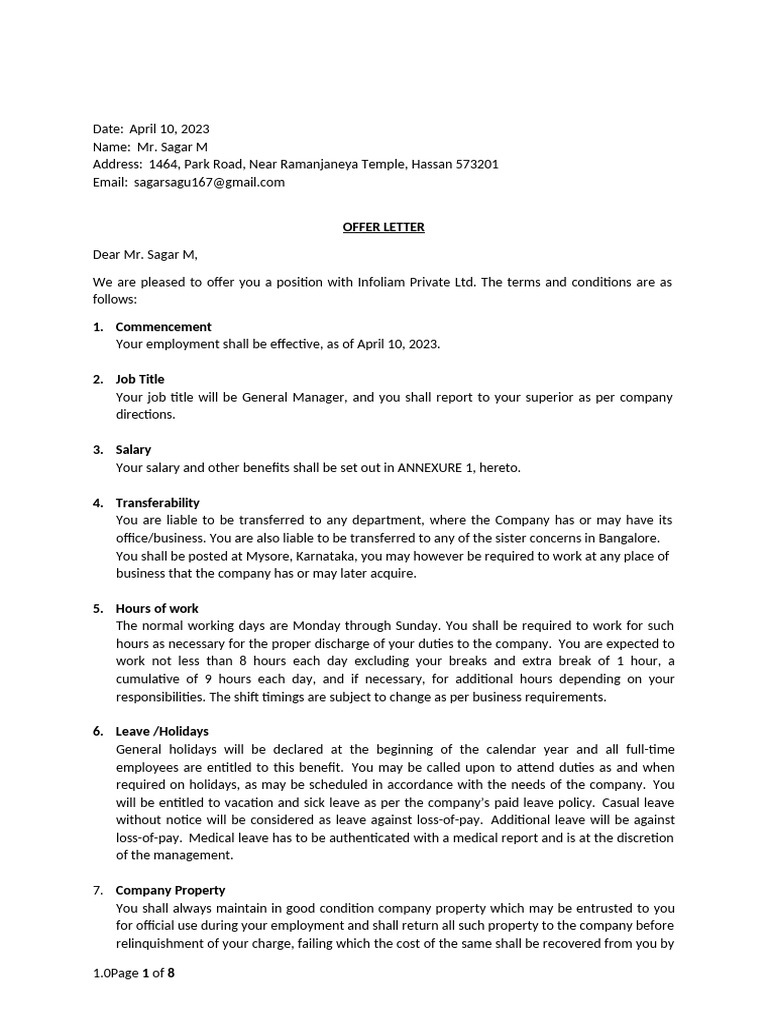 Offer Letter - Sagar | PDF | Employment | Salary