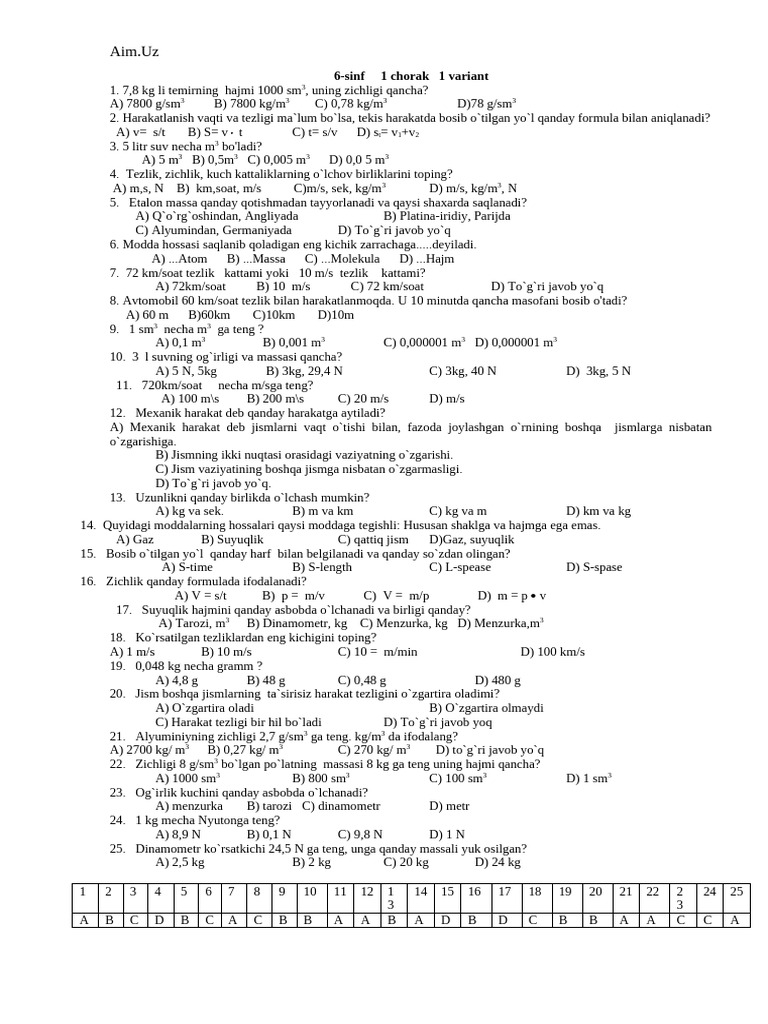 6 9 Sinflar Fizika Fanidan Testlar. | PDF