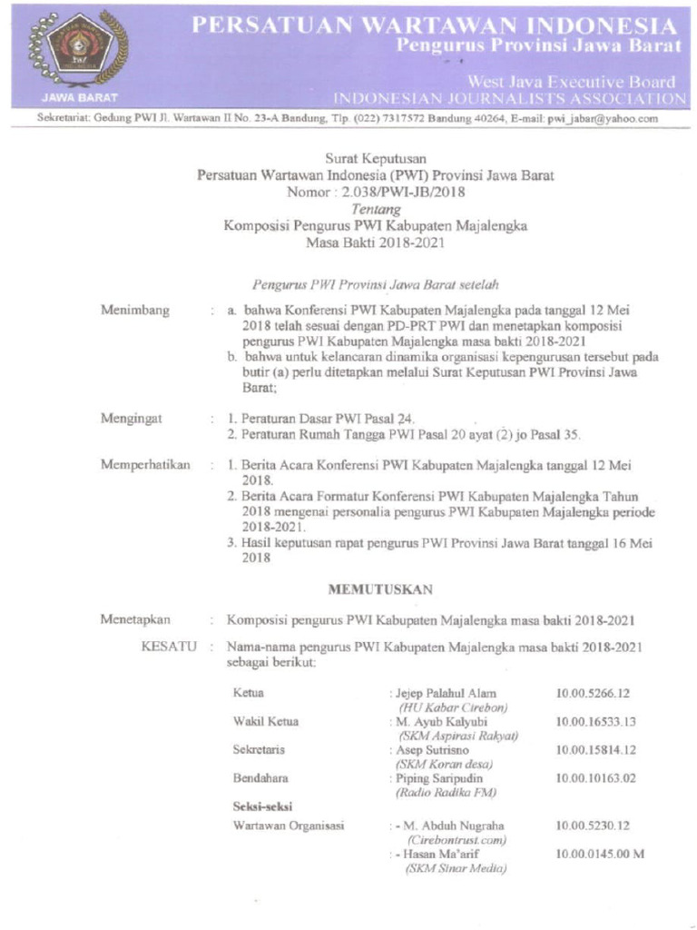 Sk Pengurus Pwi 2018-2021 | PDF