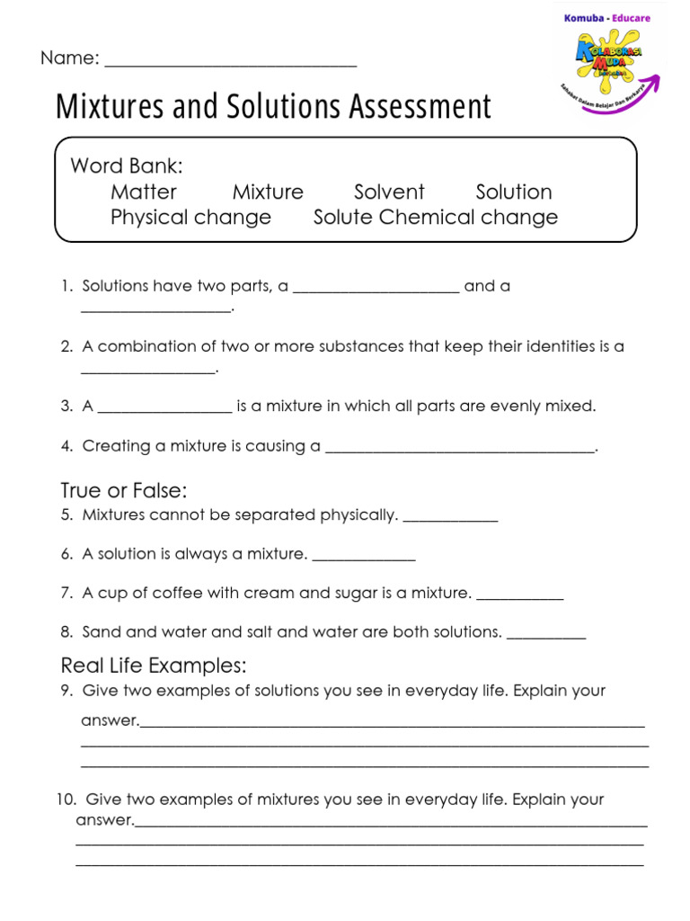 Mixtures and Solutions Assessment Guide | PDF
