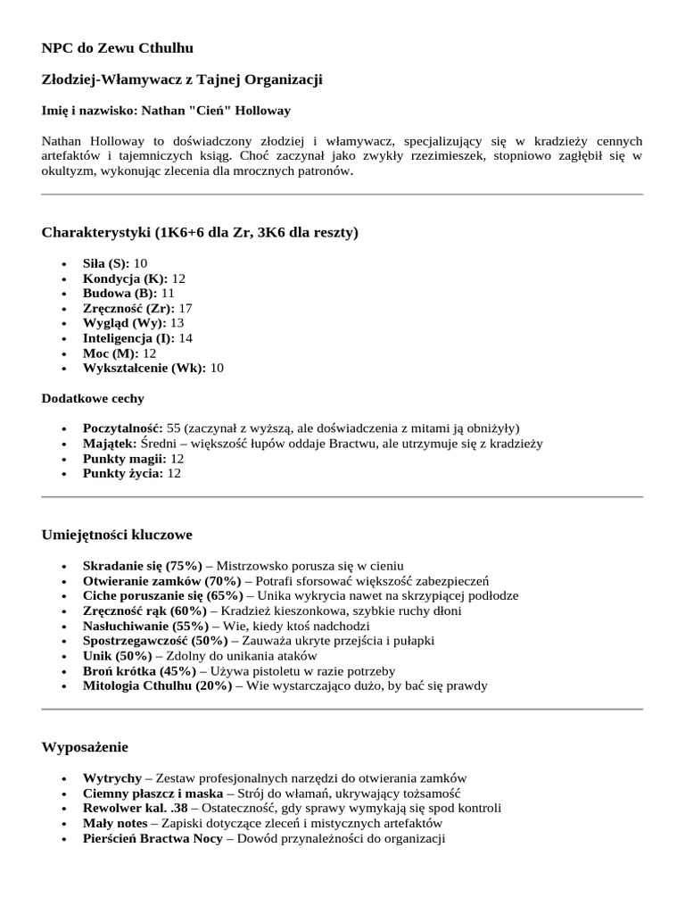 NPC Do Zewu Cthulhu Złodziej-Włamywacz Z Tajnej Organizacji | PDF