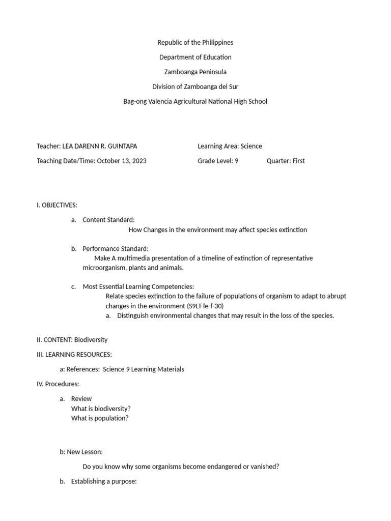 cot science 9 q1 | PDF | Extinction | Species