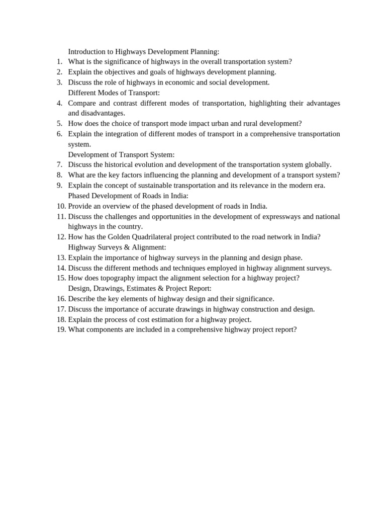Introduction To Highways Development Planning Important Questions | PDF