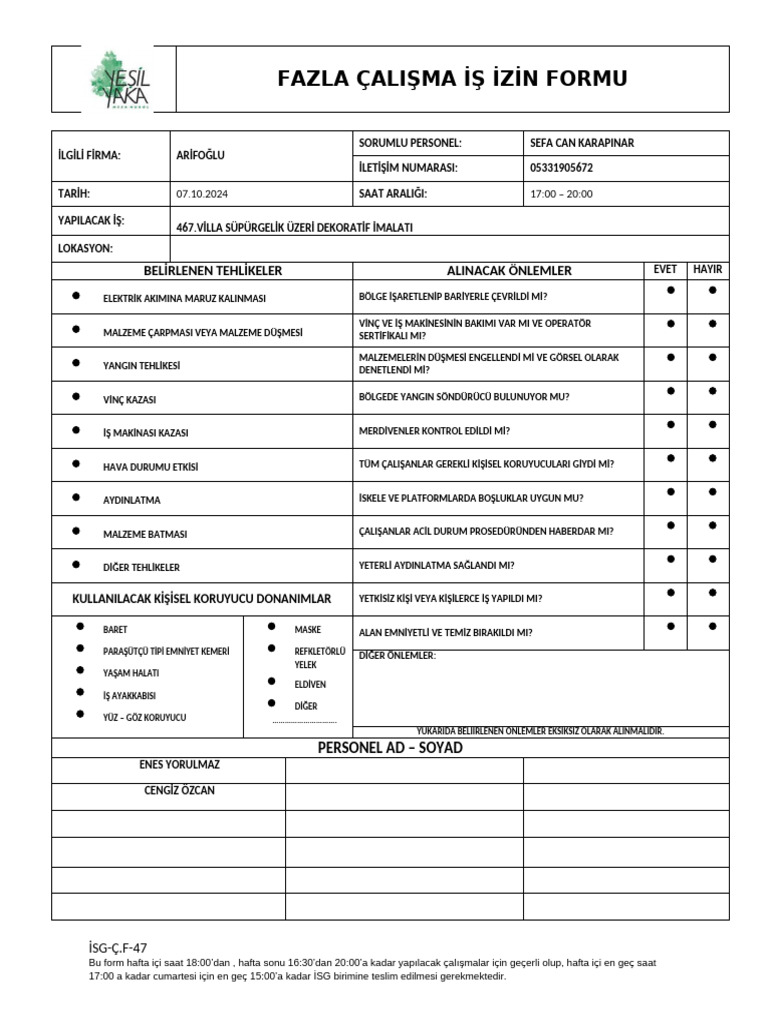 Fazla Çalişma İş İzi̇n Formu Word | PDF