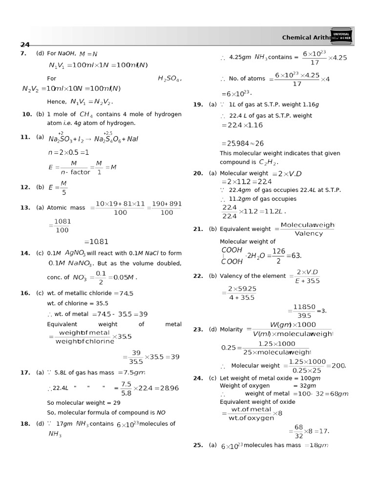 03 Chemical Arithmatic Sol. Final E | PDF | Mole (Unit) | Molecules