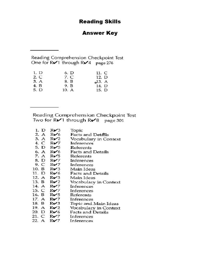 Reading Skills Answer Key Guide | PDF