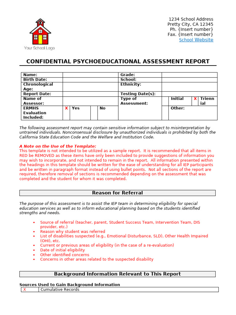 School Psychoeducational Assessment Report | PDF | Individualized ...