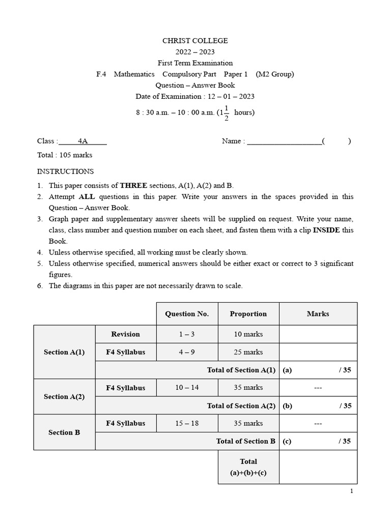 F.4 Mathematics Exam Paper 2022-2023 | PDF | Mathematical Concepts ...