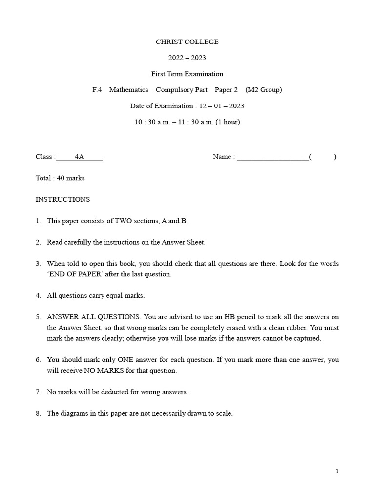 22-23 1st Term F4 Math CP Exam Paper 2 Question Paper | PDF | Quadratic Equation | Line (Geometry)