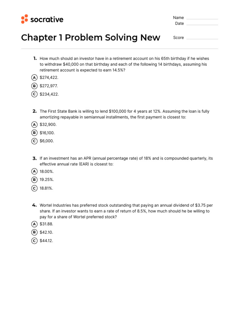 Quiz - Chapter 1 Problem Solving New | PDF | Present Value | Annual ...