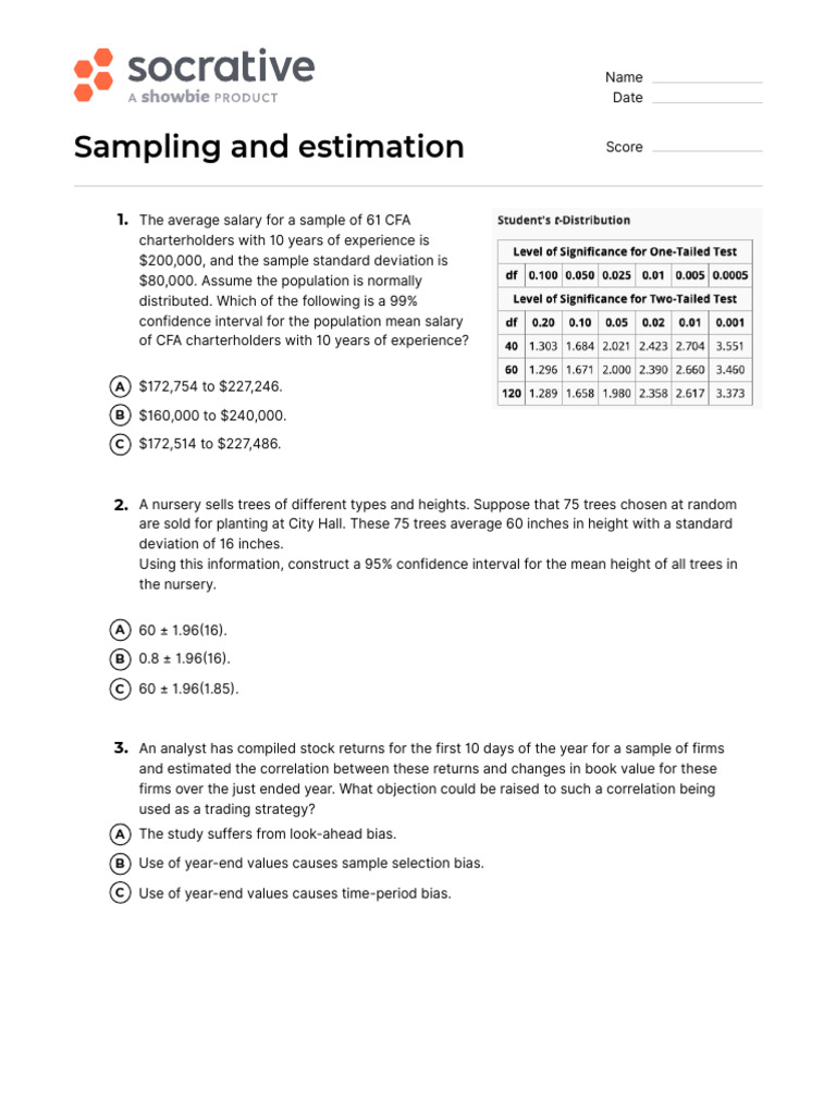 Quiz - Sampling and Estimation | PDF | Sample Size Determination ...
