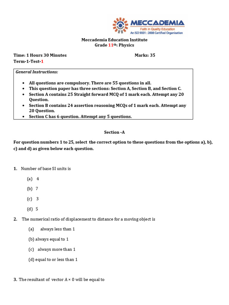 Physics 1st Term MCQ Paper | PDF | Rotation Around A Fixed Axis | Force