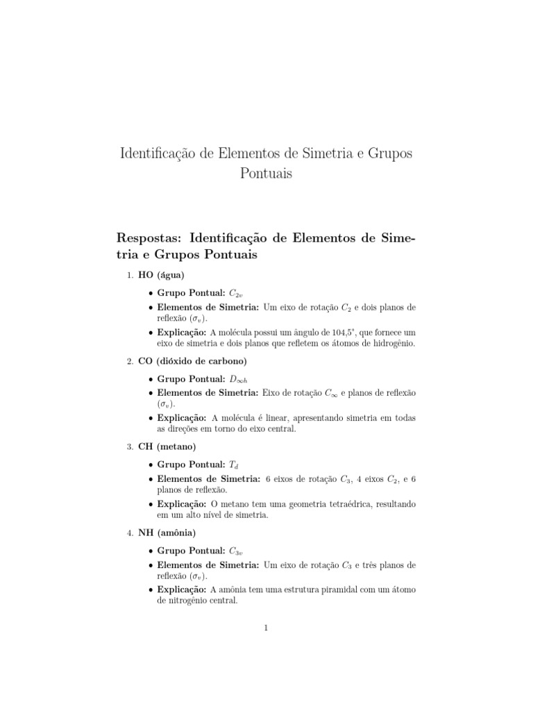 Respostas - Elementos de Simetria e Grupos Pontuais | PDF | Compostos químicos | Átomos