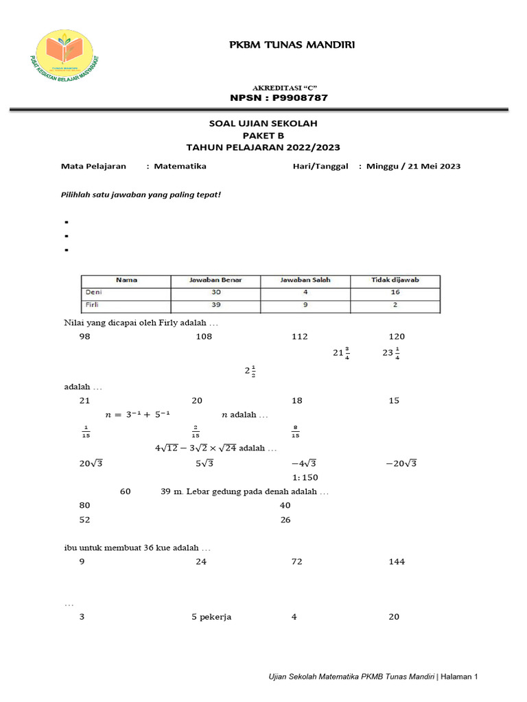 Soal US Matematika Paket B 2023 | PDF