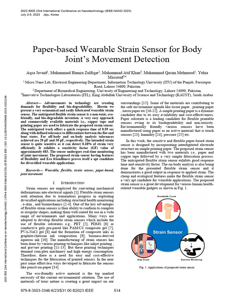 Paper-Based Wearable Strain Sensor for Body Joints Movement Detection | PDF | Capacitor | Sensor