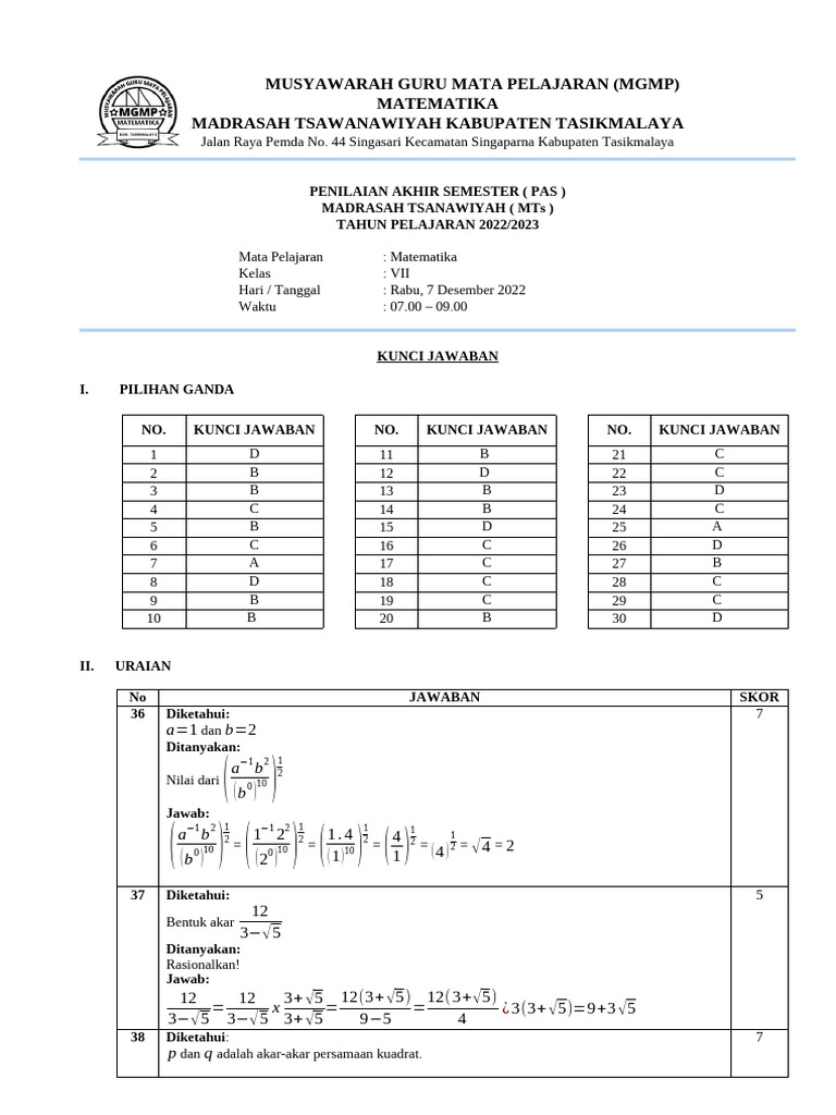 KUNCI JAWABAN PAS MTK MTs 9 TP. 2022-2023 | PDF