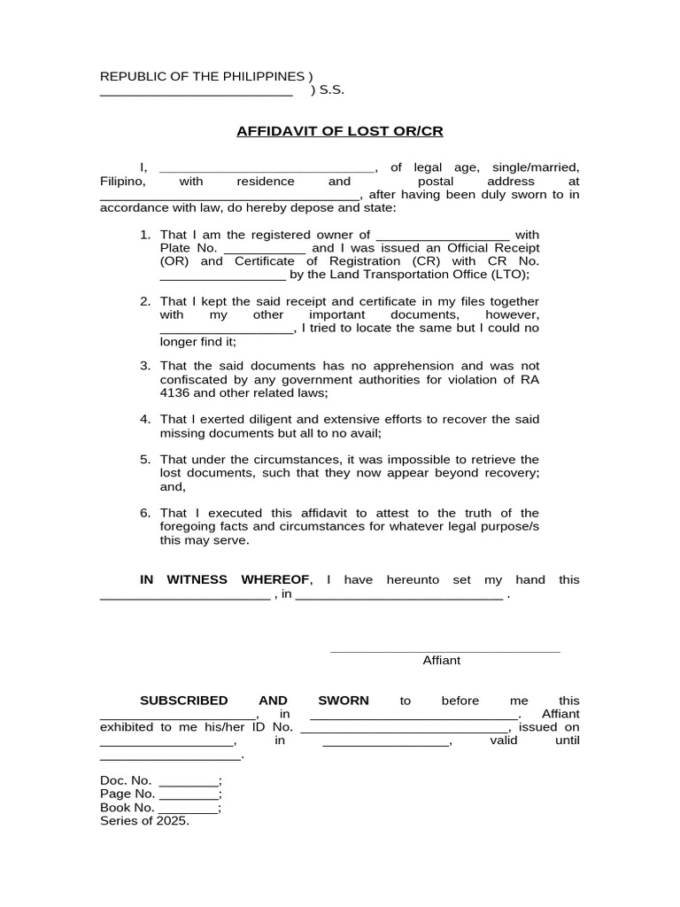 Affidavit of Lost Vehicle Documents | PDF