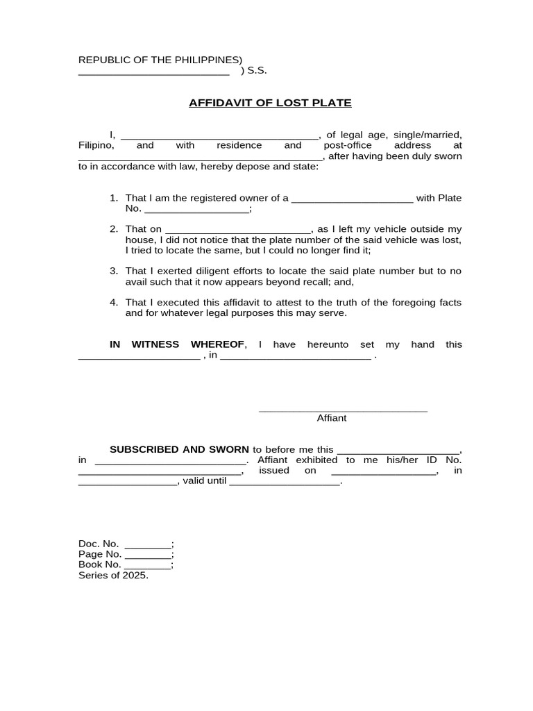 AFF. OF LOSS (Plate Number-Template) | PDF