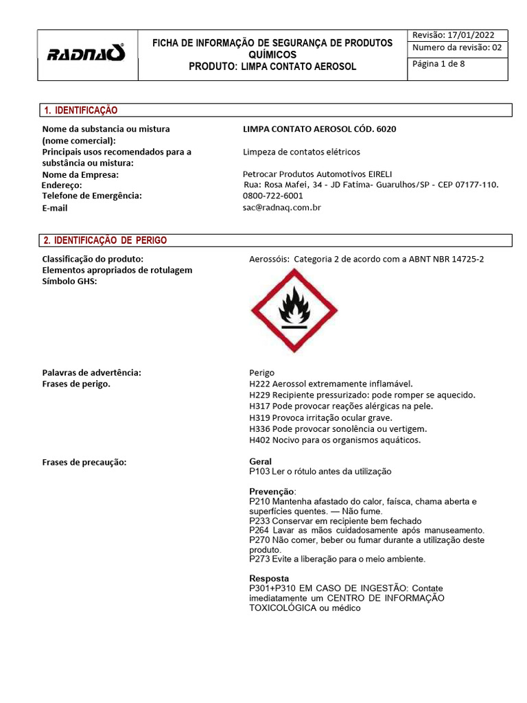 Ficha de Segurança: Limpa Contato Aerosol | PDF | Combustão