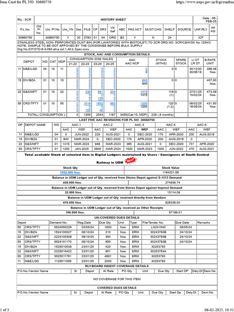 SCR History Sheet for Dust Bin PL No. 30660750 | PDF