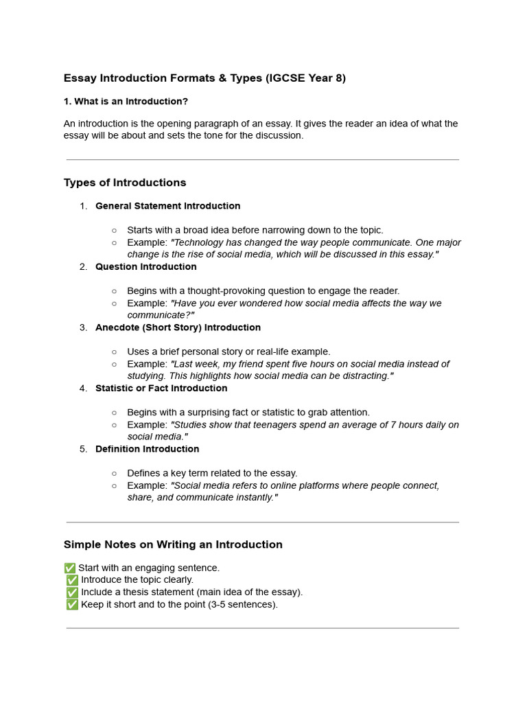 Essay Introduction Formats & Types (IGCSE Year 8) | PDF | Essays | Water