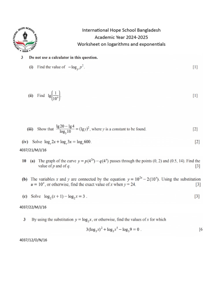 Worksheet on logarithms and exponentials (1) | PDF