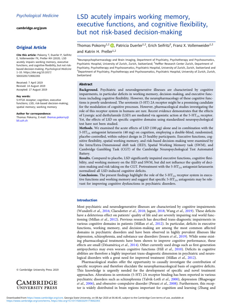 LSD Temporarily Impairs Working Memory and Cognitive Flexibility, But Not Risk-Based Decision ...