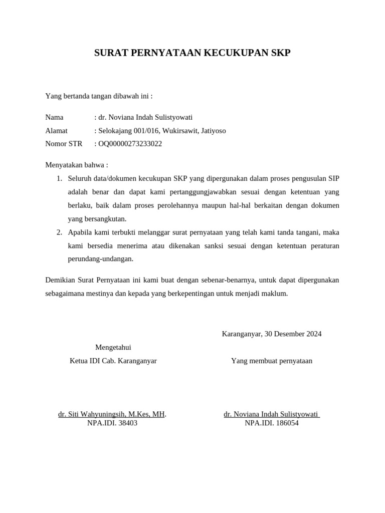 Surat Pernyataan Kecukupan SKP DR Noviana | PDF