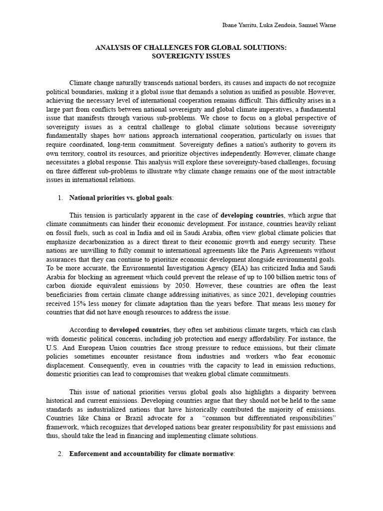 Analysis Of Challenges For Global Solutions Pdf Climate Change