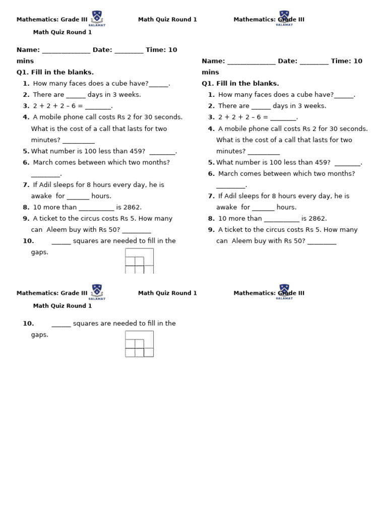 Grade 3 Math Quiz Questions | PDF