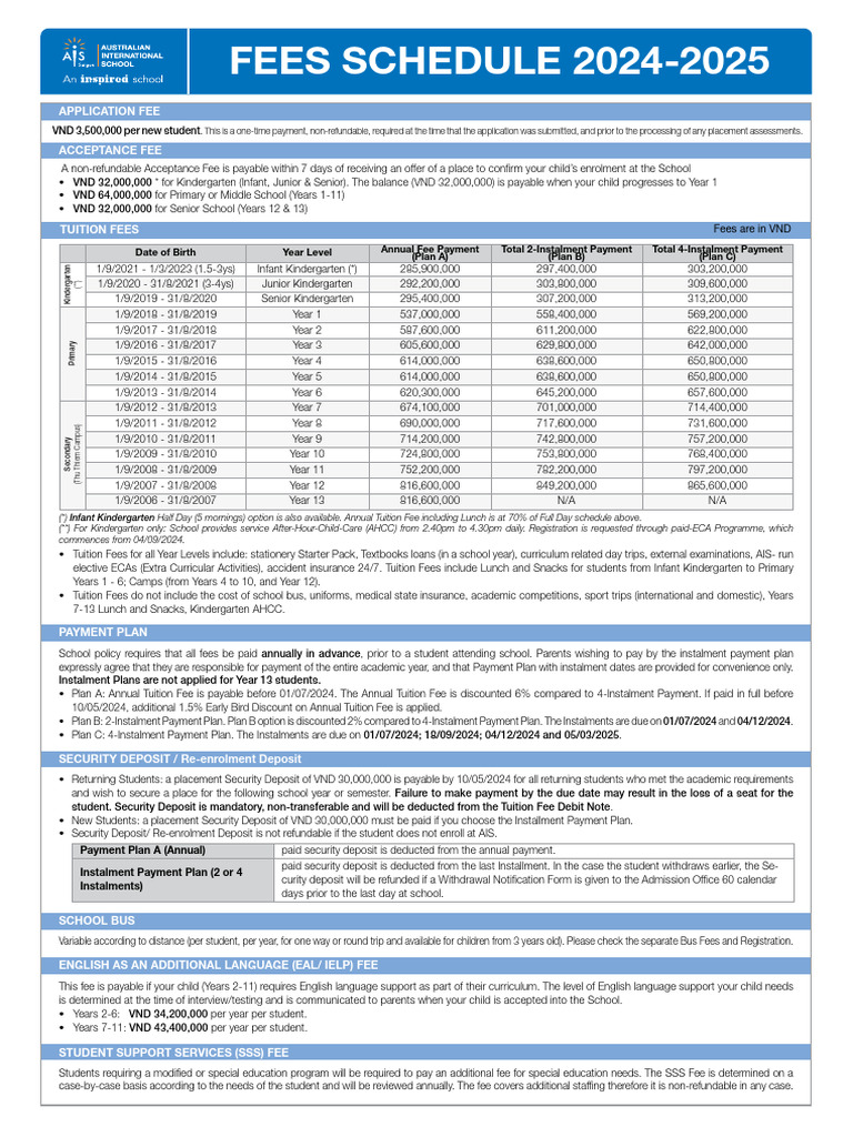 Ais Fees Schedule 2024 2025 | PDF | Payments | Debit Card